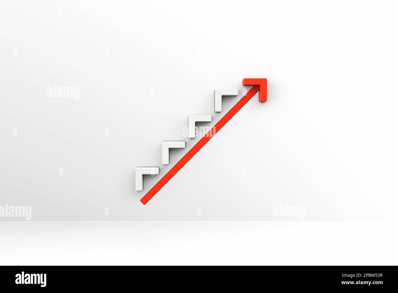 Red arrow with white stair on white wall background, 3D arrow climbing ...
