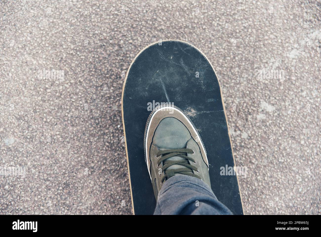Above The Board Skateboarder S Foot In Action Stock Photo Alamy