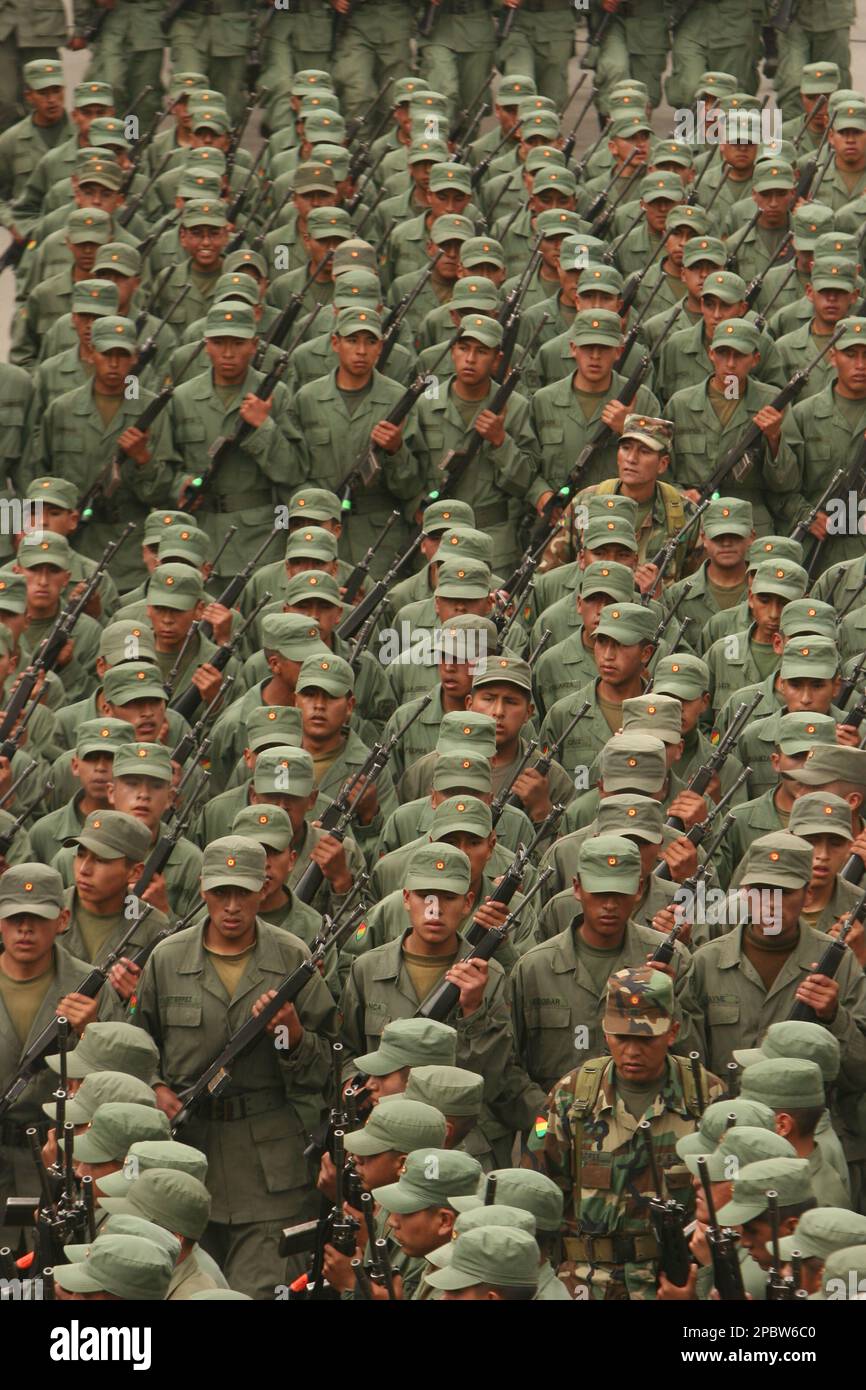 Bolivian soldiers take part in a military parade to celebrate El Alto's ...