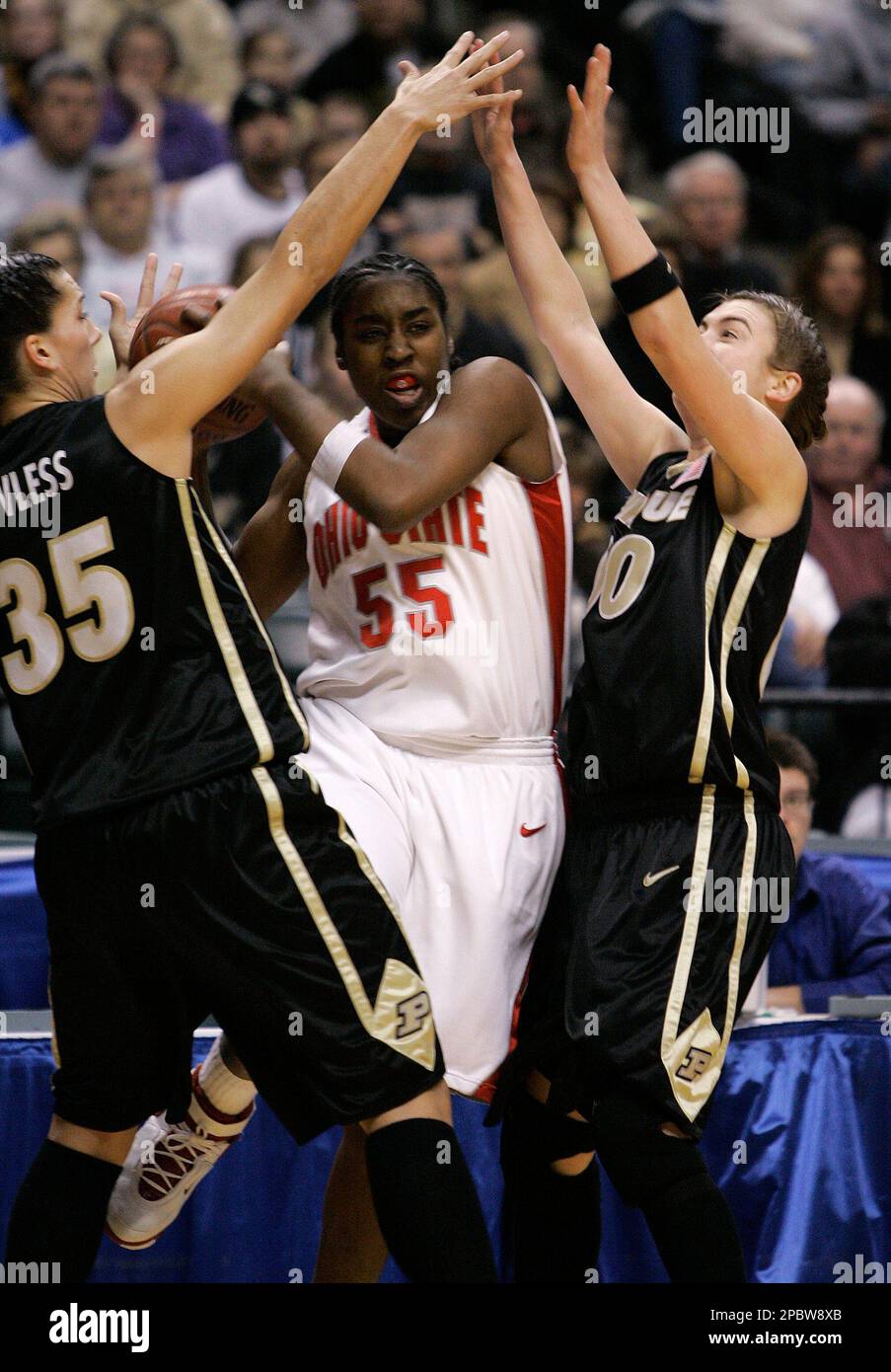 Ohio State forward Star Allen, center, is trapped on the sideline by ...