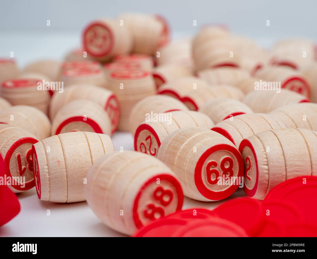 Board game bingo. Wooden barrels with lotto numbers, playing cards for ...