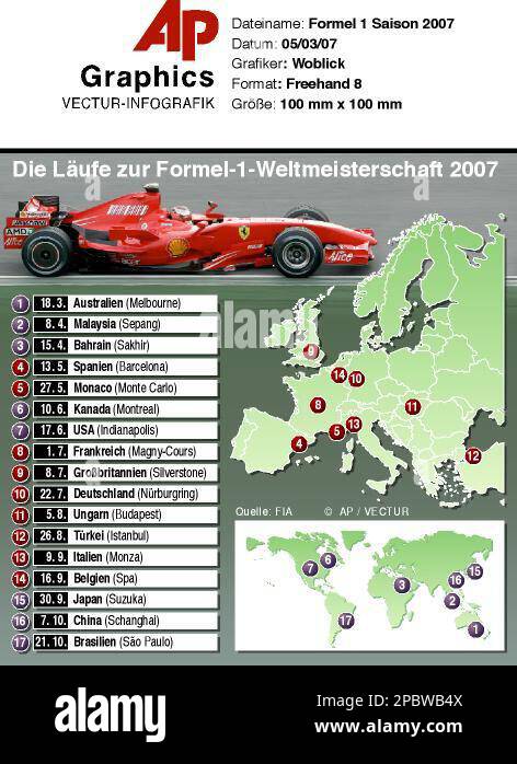 GRA106 GRAFIK FORMEL 1 SAISON 2007 - Europa- und Weltkarte mit ...