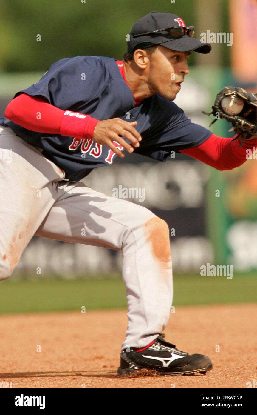 Boston Red Sox shortstop Julio Lugo fields a ball from Minnesota Twins ...