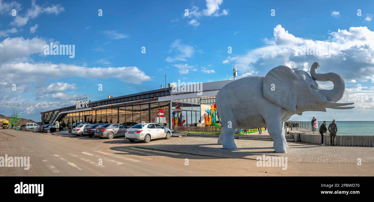 Statue of a huge elephant on the embankment near the Black Sea coast ...