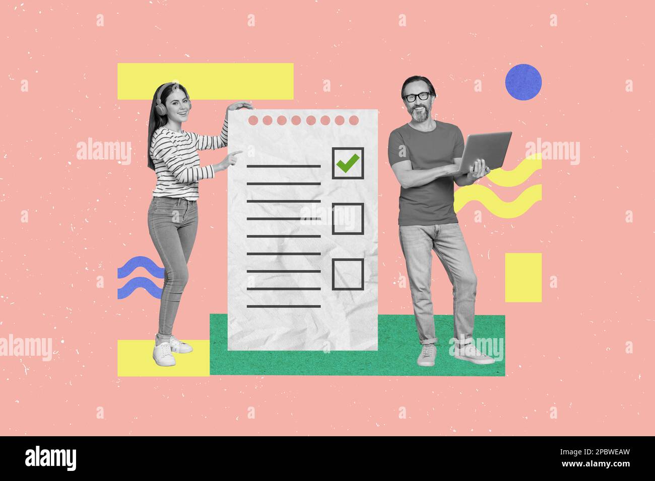 Creative composite collage of two business people coworking hold laptop ...