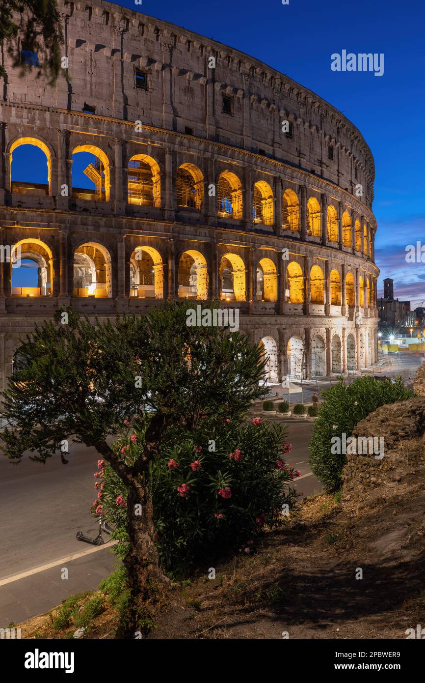 The Colosseum at night in city of Rome in Italy, ancient Flavian ...
