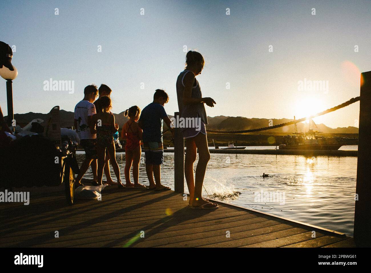 Group of kids stand on dock by lake in summer sunshine and feed fish ...