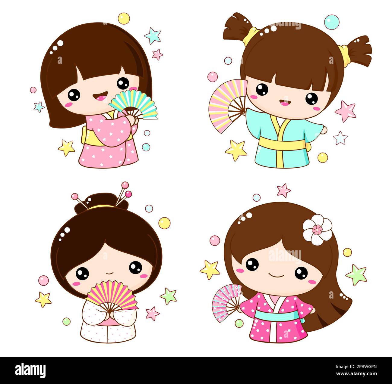 Set of cute little girls with fans in kawaii style. Hanami season ...