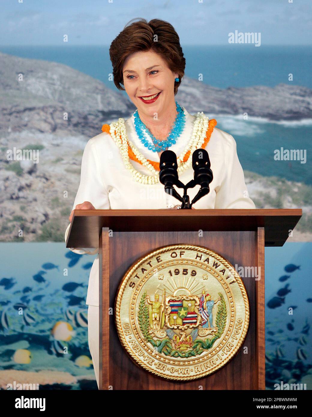 First lady Laura Bush gives a speech during the Northwest Hawaiian ...
