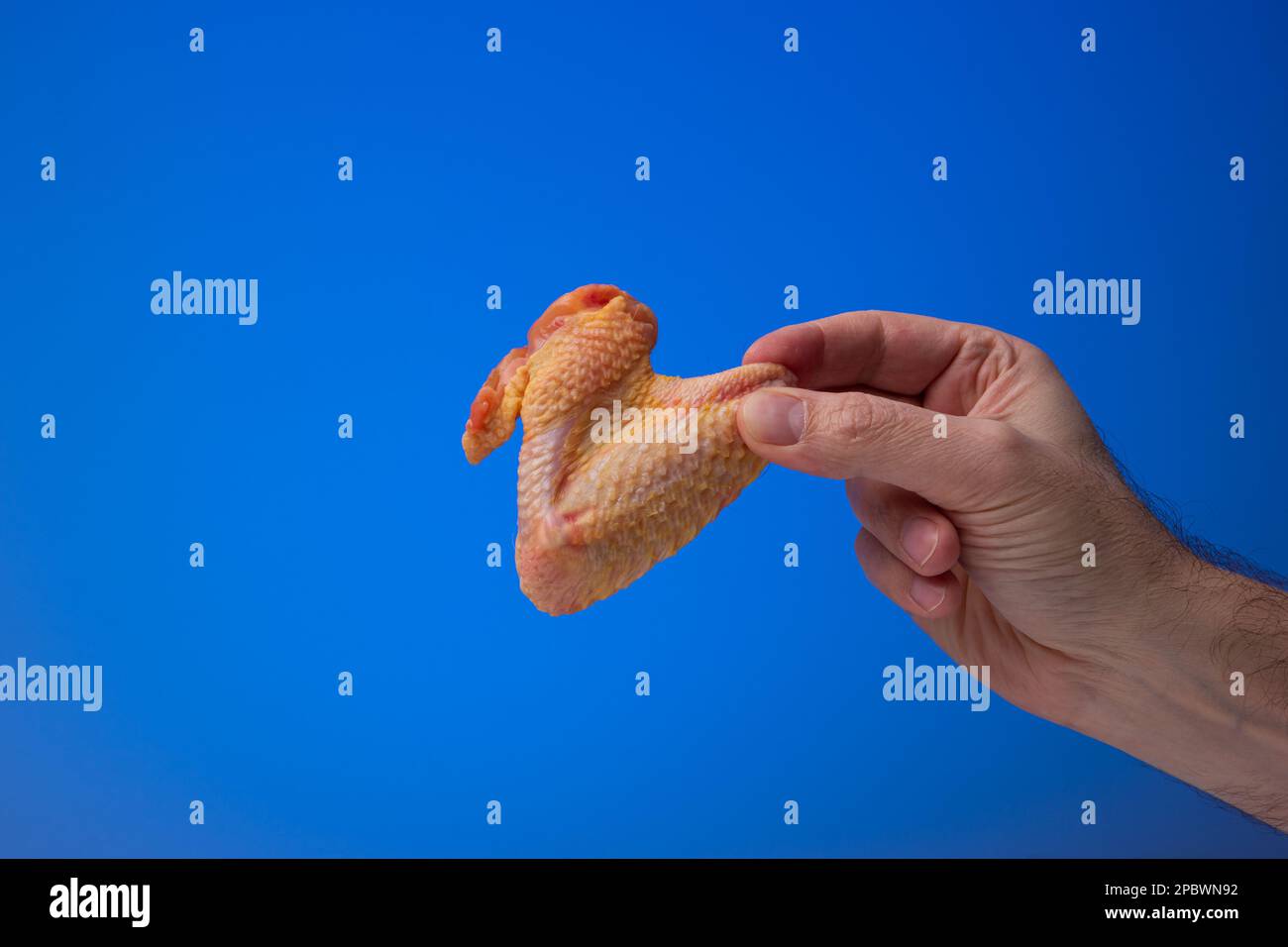 Raw uncooked fresh chicken wing held between fingers by Caucasian male ...