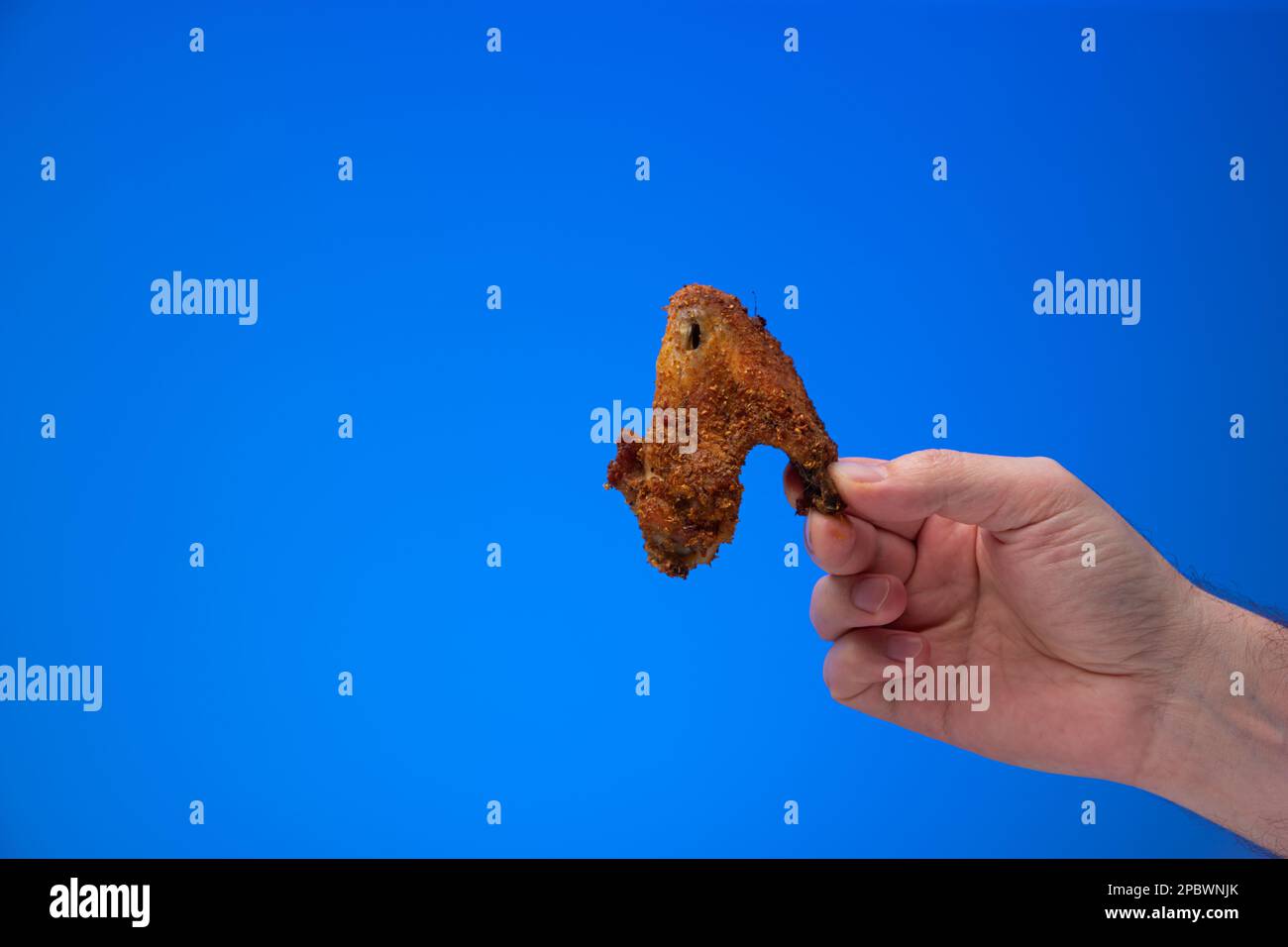 Grilled and seasoned chicken wing held between fingers by Caucasian ...