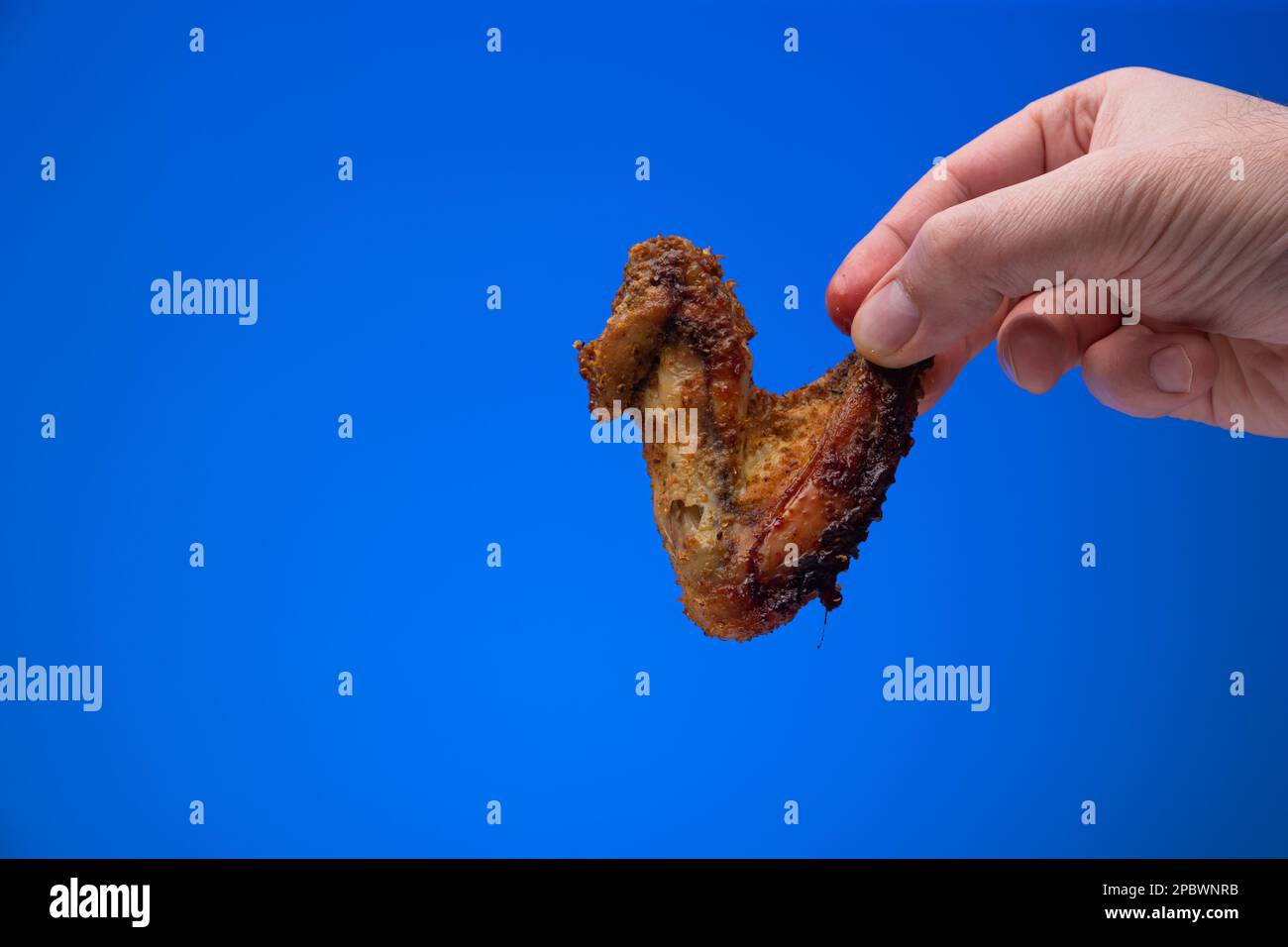 Grilled and seasoned chicken wing held between fingers by Caucasian ...