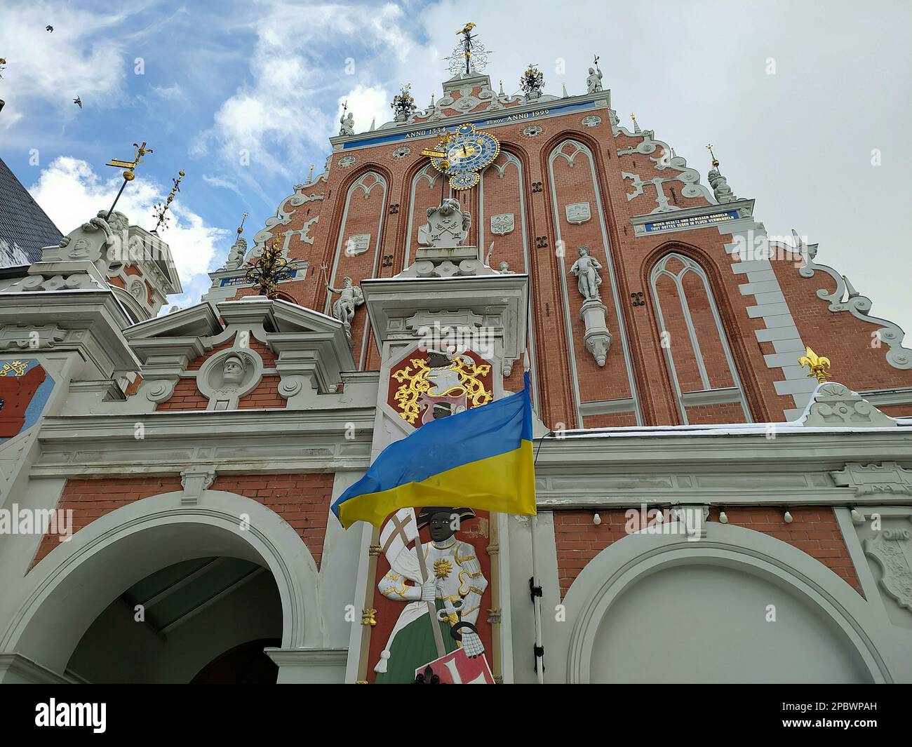 Ukrainian symbols in Riga (Latvia). In the picture: the Ukrainian flag ...