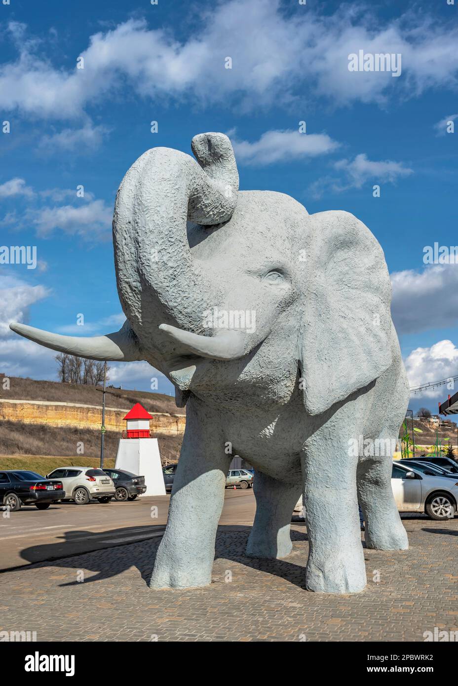 Statue of a huge elephant on the embankment near the Black Sea coast ...