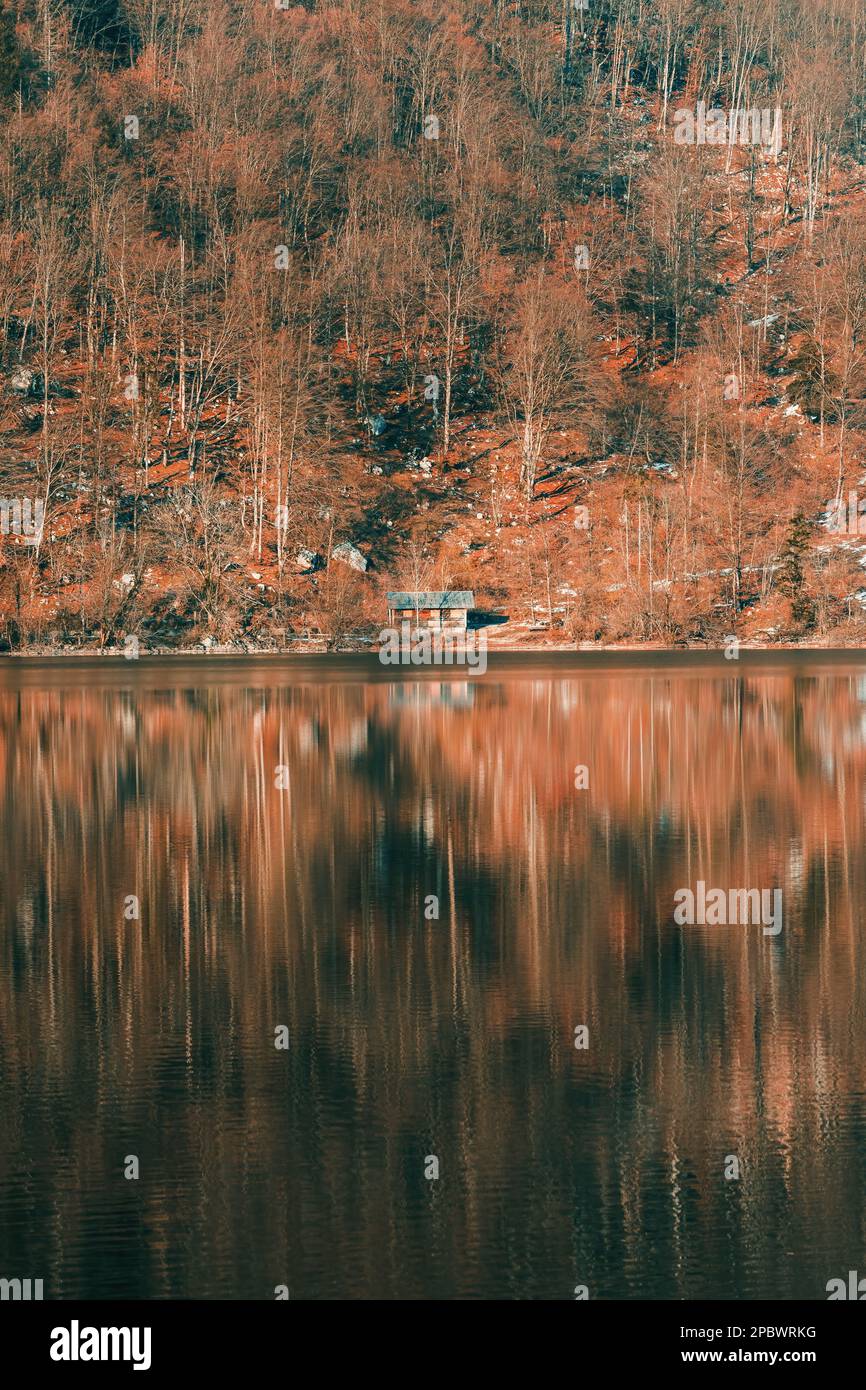 Wooden cottage at lake Bohinj shore in slovenian national park Triglav ...