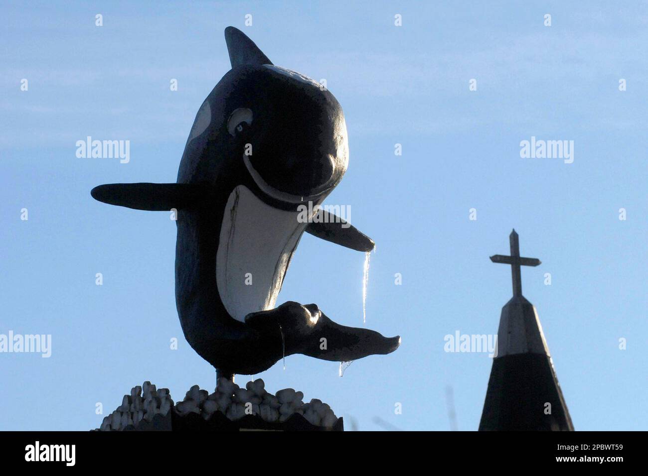 An Orca sculpture drips icicles amid the chilly weather, Wednesday, Feb ...