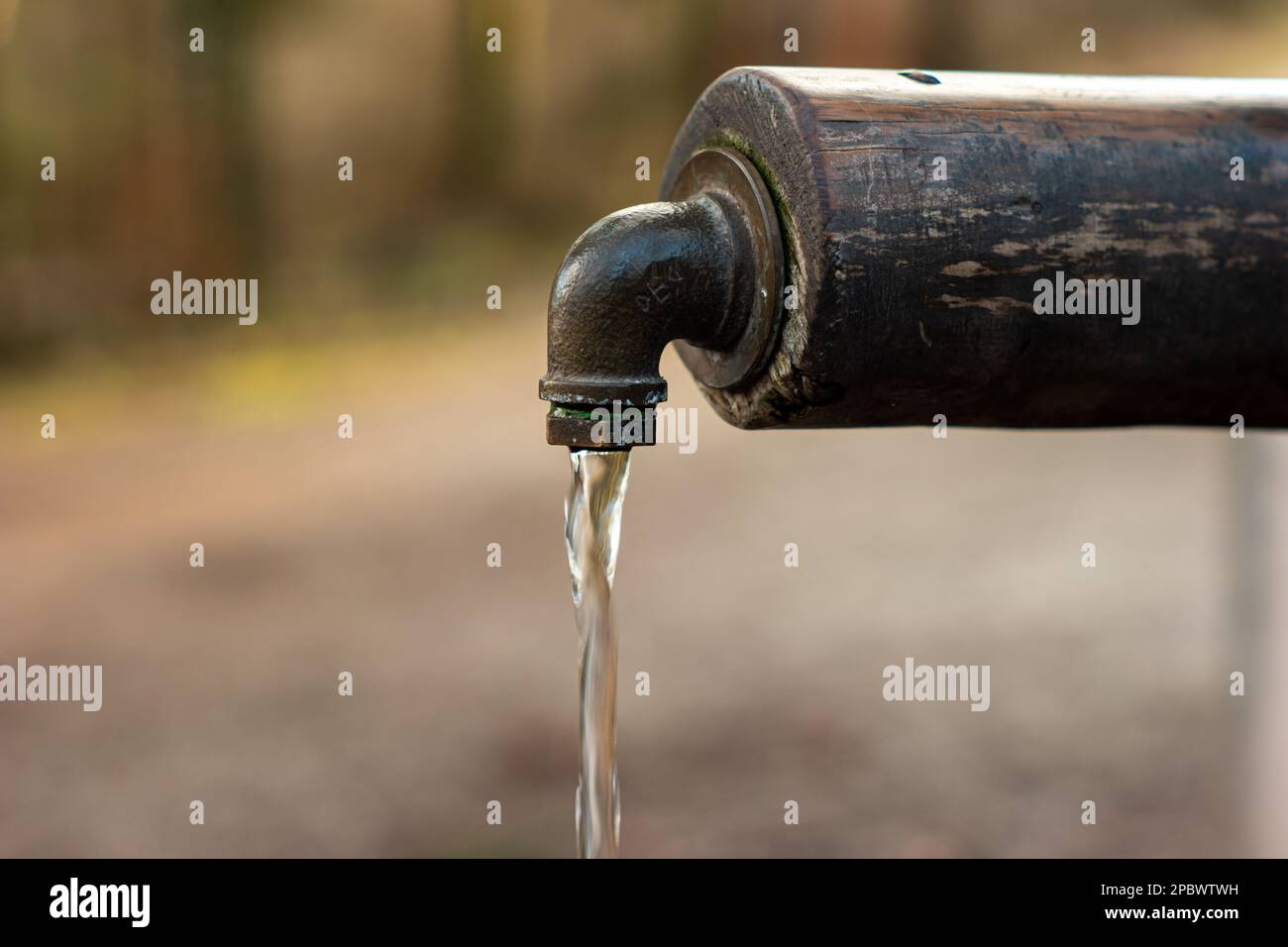 Old rustic drinking water fountain in the forest. Wooden construction ...