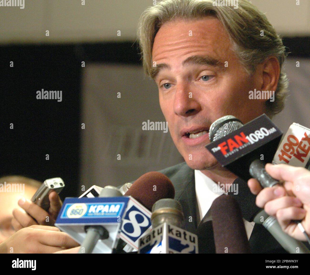 ** FILE ** Portland Trail Blazers President Steve Patterson speaks with ...
