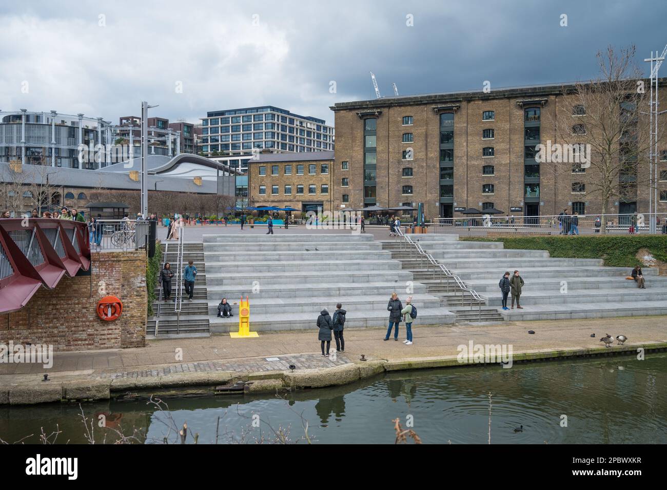 View across Regents Canal of Granary Square and Coal Drops Yard. Kings ...