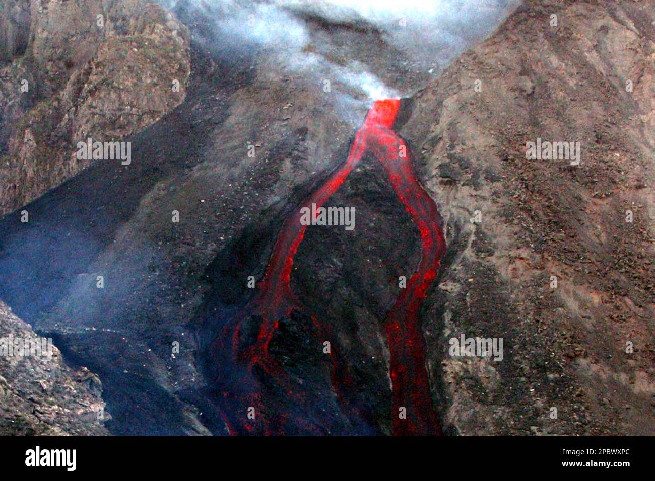An aerial view of the Stromboli island volcano during eruptive activity ...
