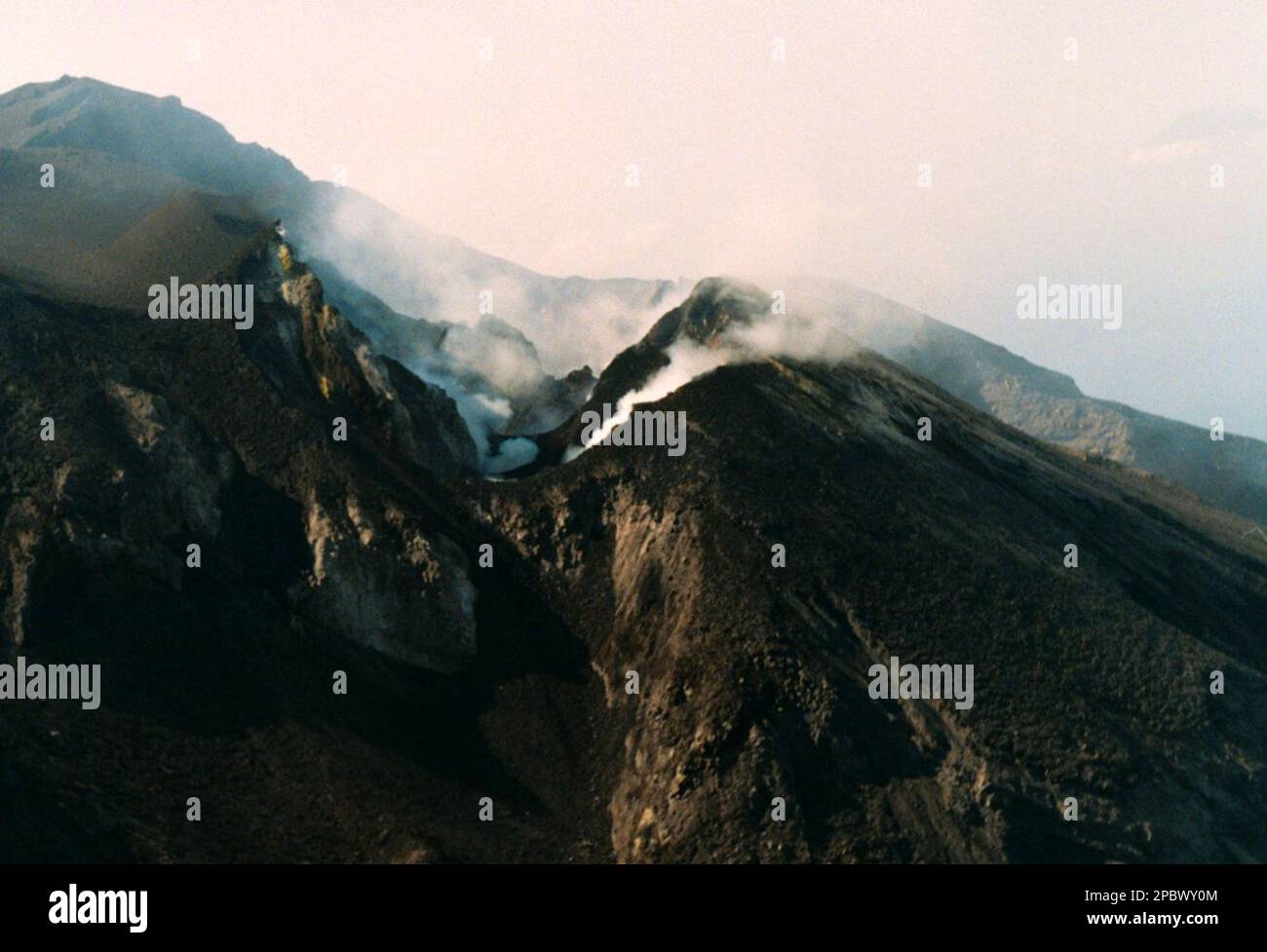 An aerial view of the Stromboli island volcano during eruptive activity ...
