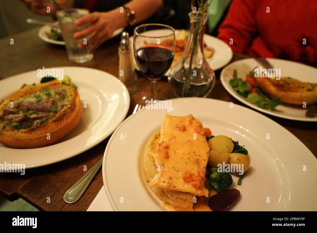 Close up Baked bun and local traditional British dishes served with ...