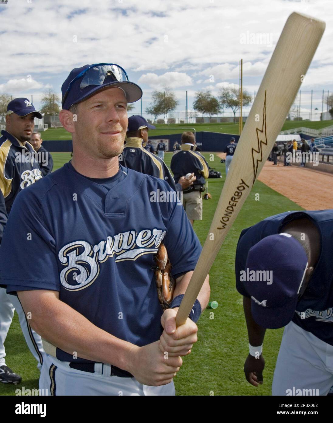 Milwaukee Brewers' Geoff Jenkins holds a replica of the "wonderboy" bat ...