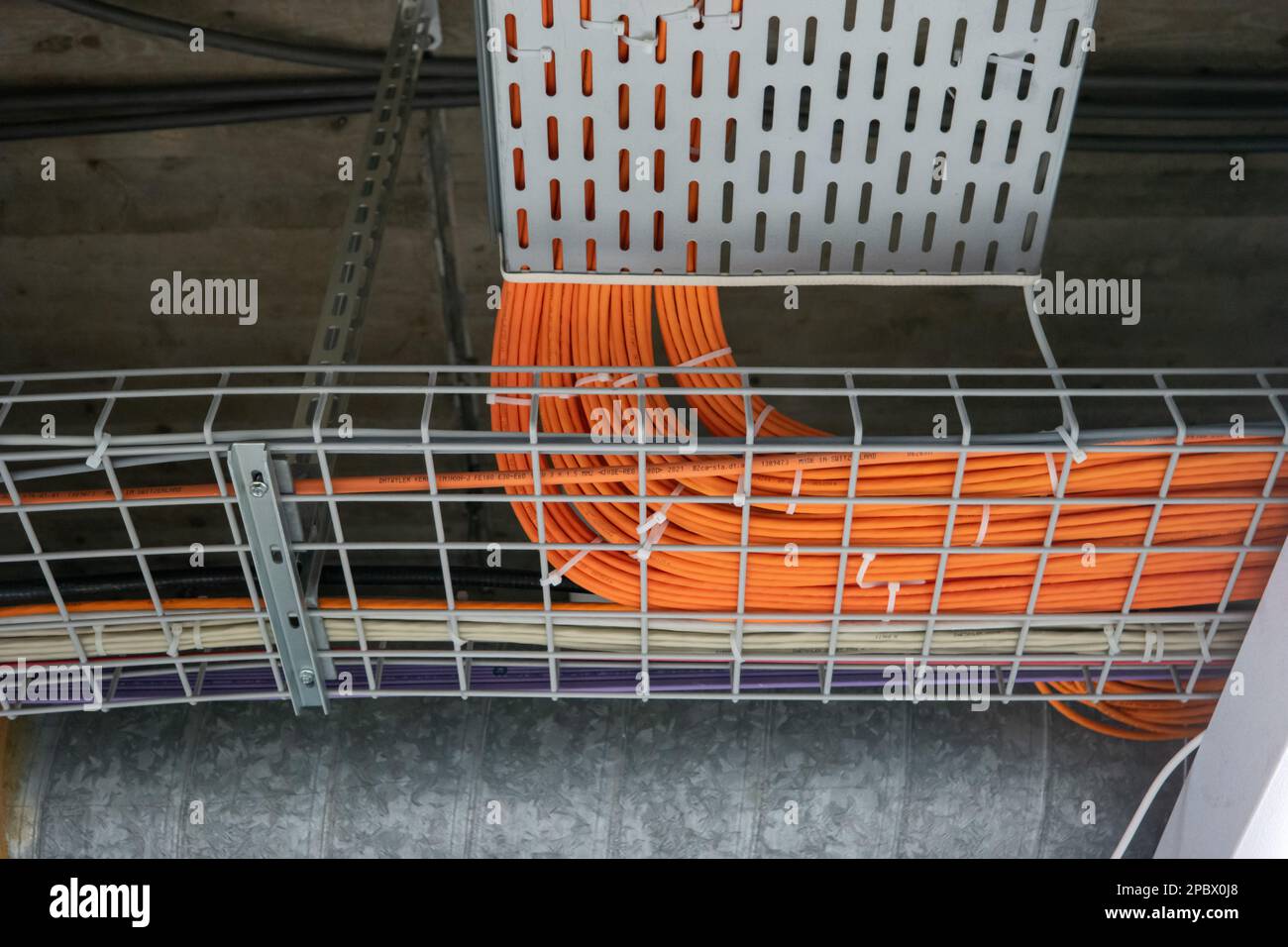 Neatly arranged bunch of ceiling mounted Ethernet cables inside ...