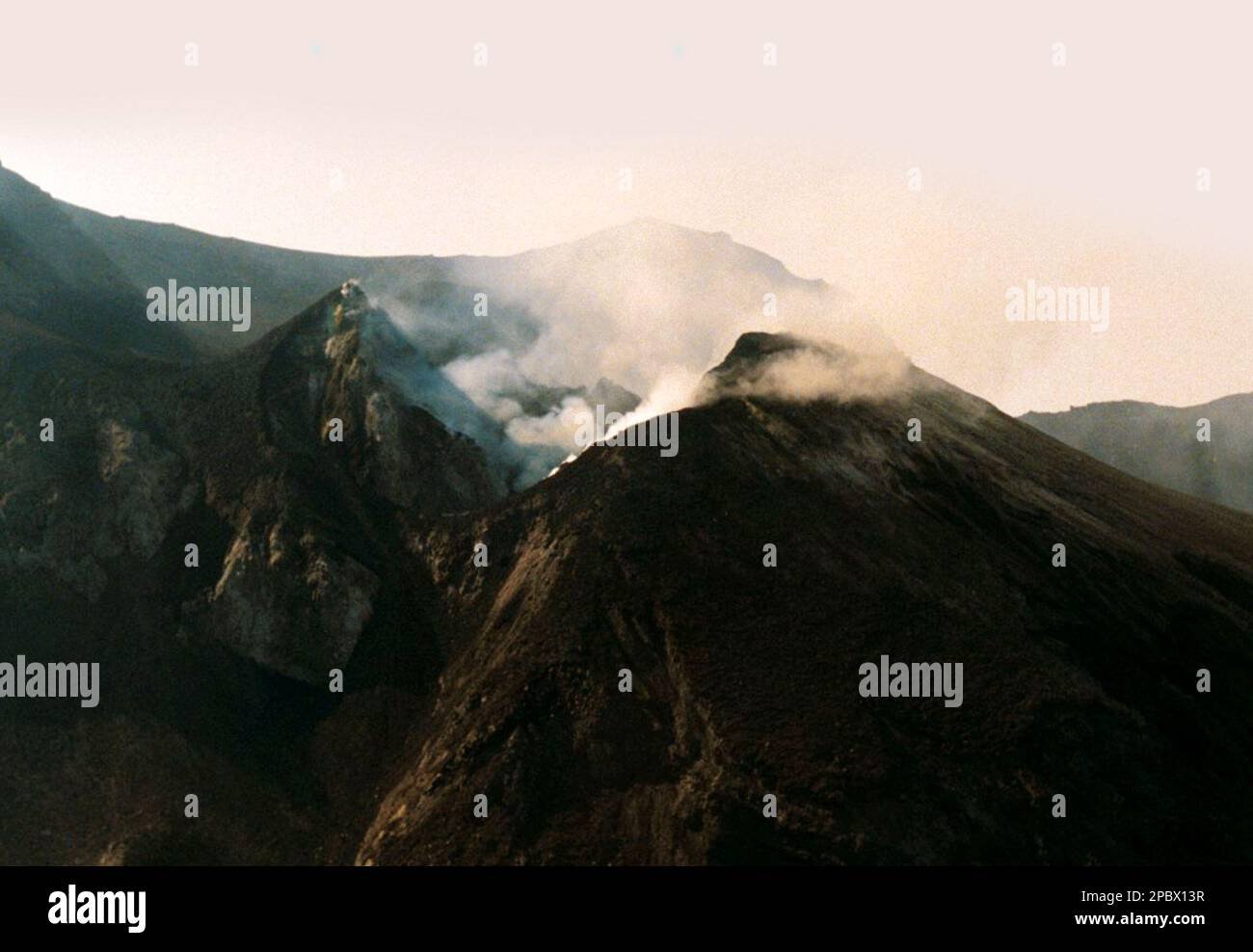An aerial view of the Stromboli island volcano during eruptive activity ...