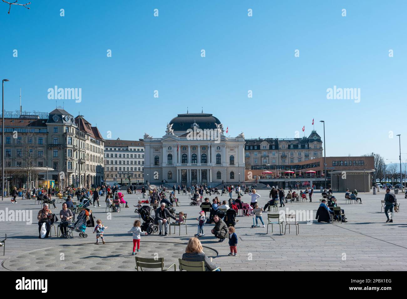 Zurich city Opera House. Wide angle view, daytime, blue sky. People ...