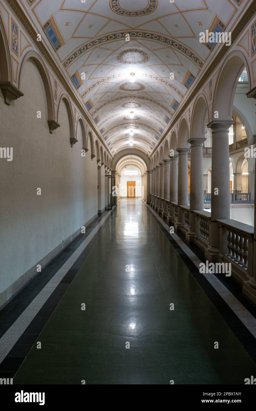 ETH University Zurich, Switzerland. Interior long illuminated hallway ...