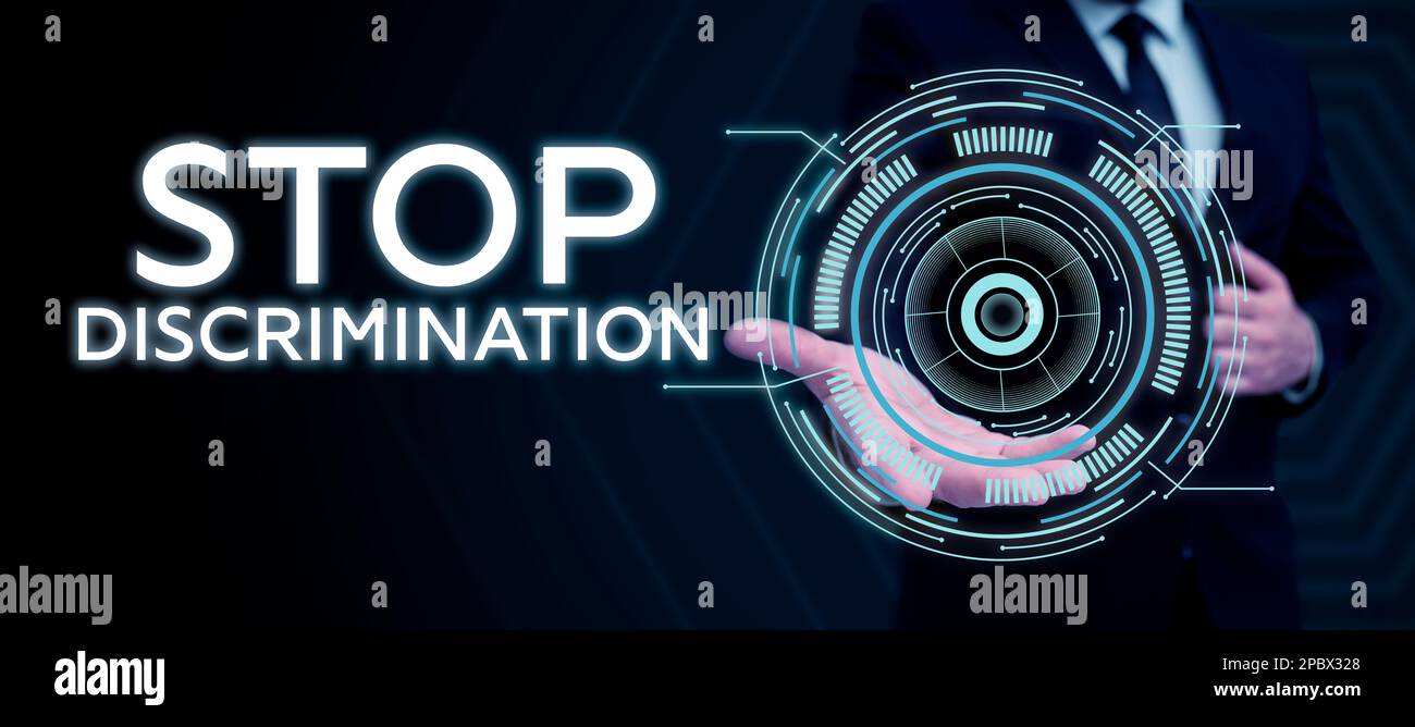 Hand writing sign Stop Discrimination. Conceptual photo Prevent Illegal ...