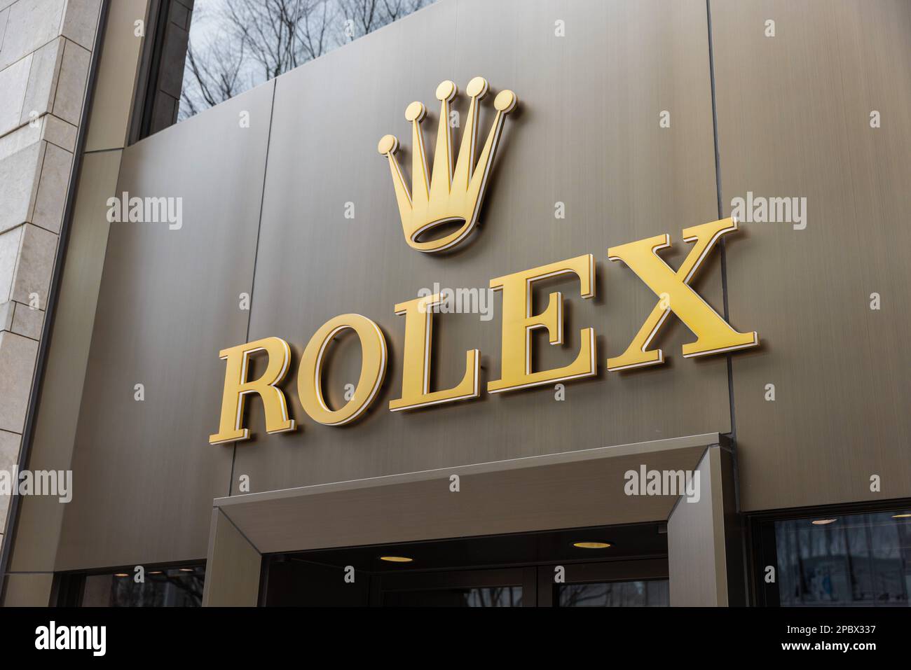 Logo of luxury watch maker Rolex seen on their store in Roppongi Hills ...