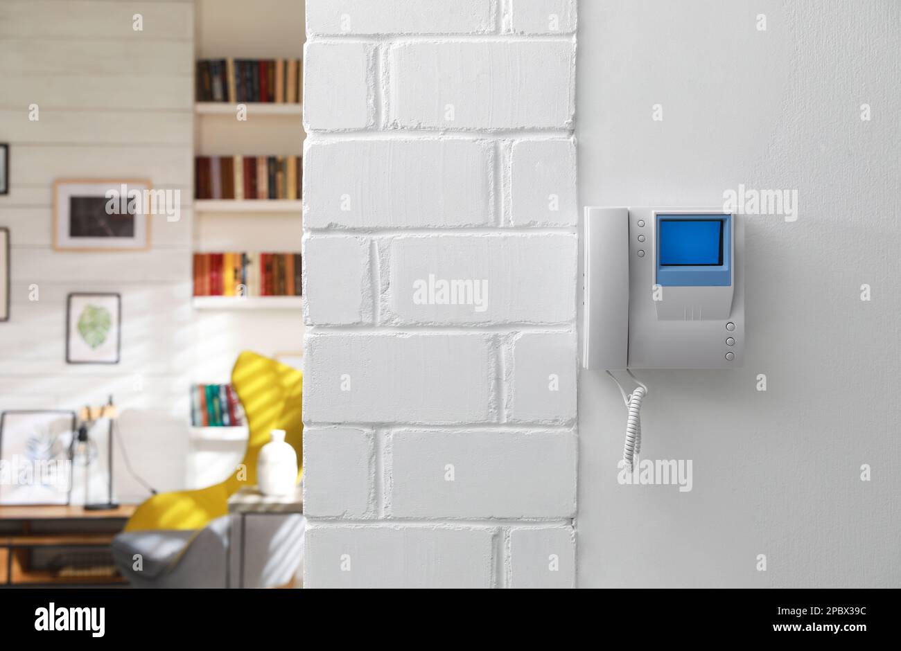 Modern intercom with camera installed on white wall indoors Stock Photo ...