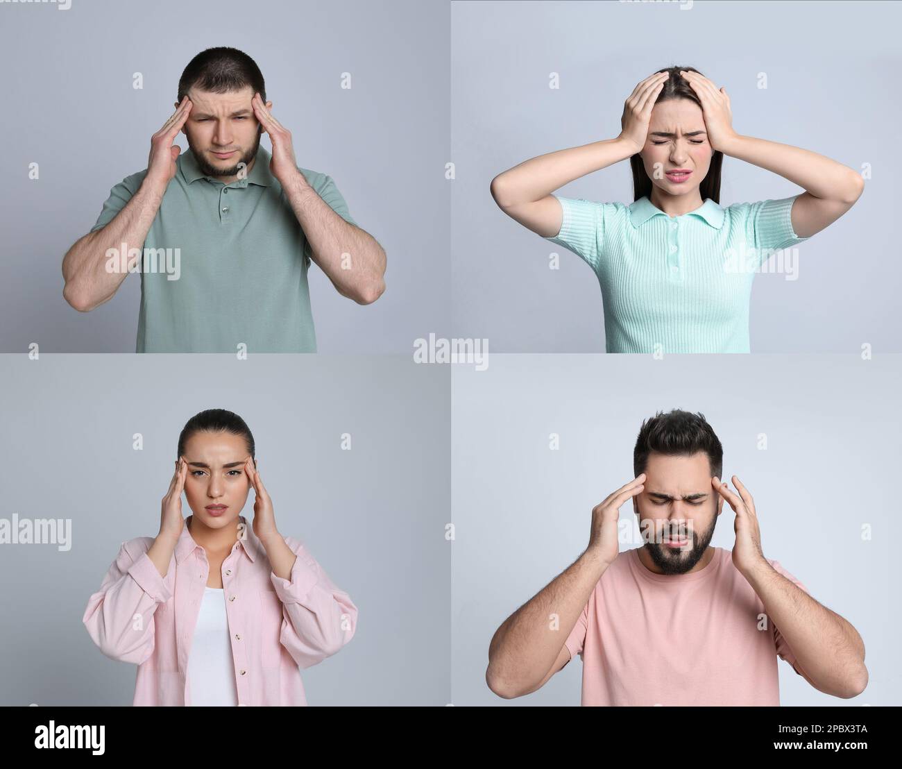 Collage with photos of people suffering from headache on light grey ...
