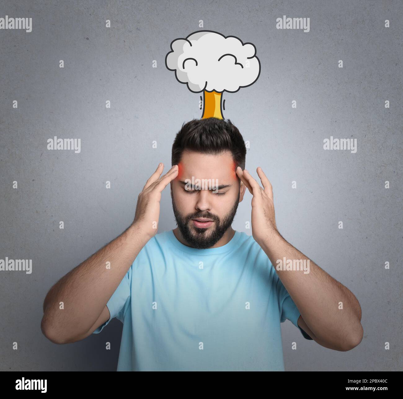 Young man having headache on light grey background. Illustration of ...