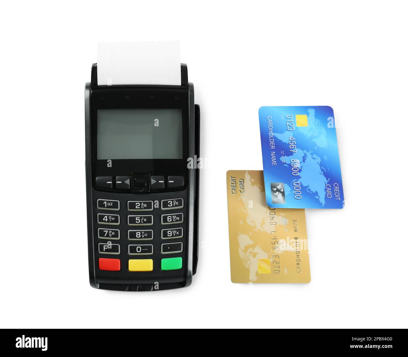 New modern payment terminal and credit cards on white background Stock ...