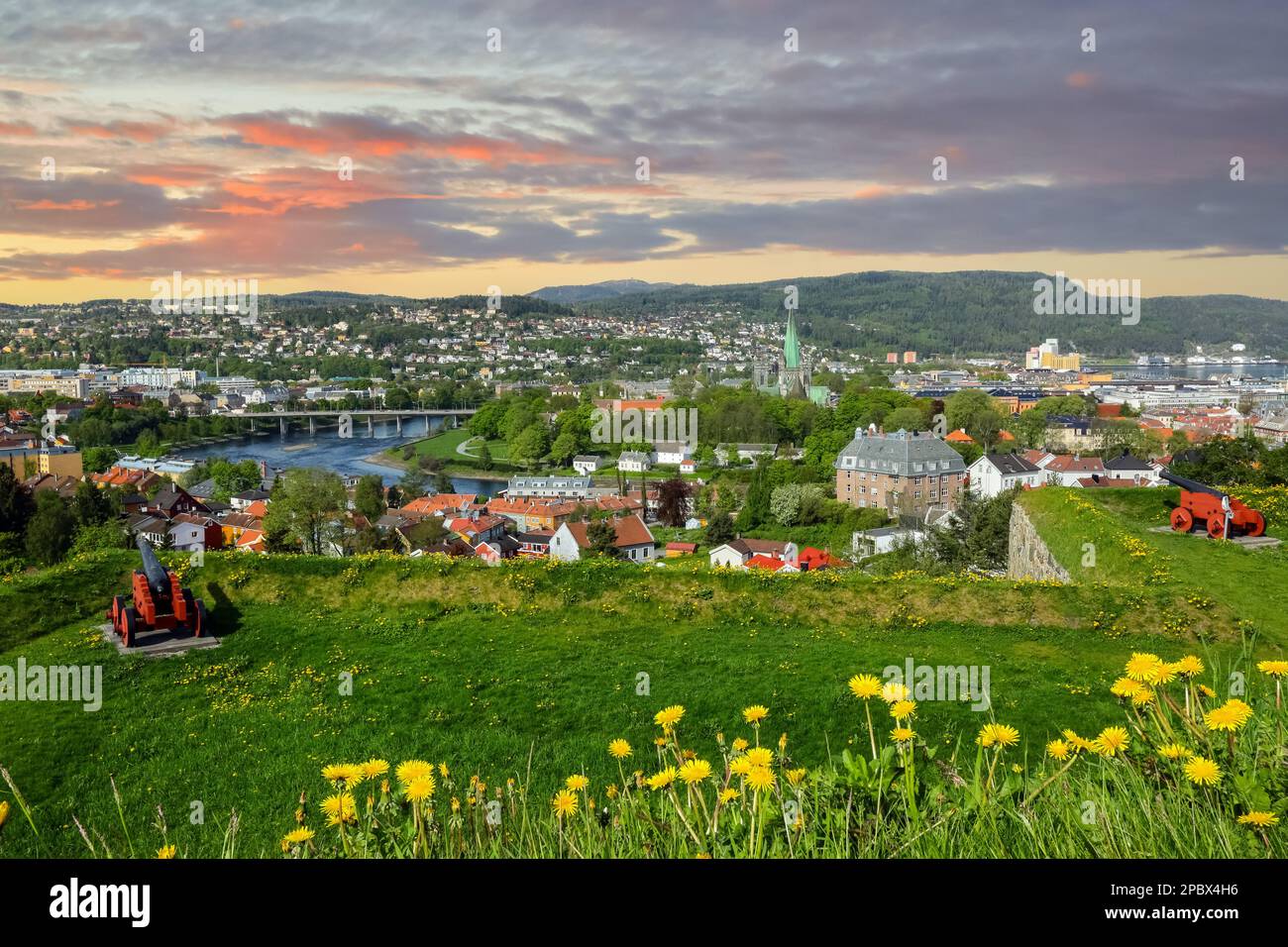 Spring in Trondheim, aerial view of the historical downtown during ...
