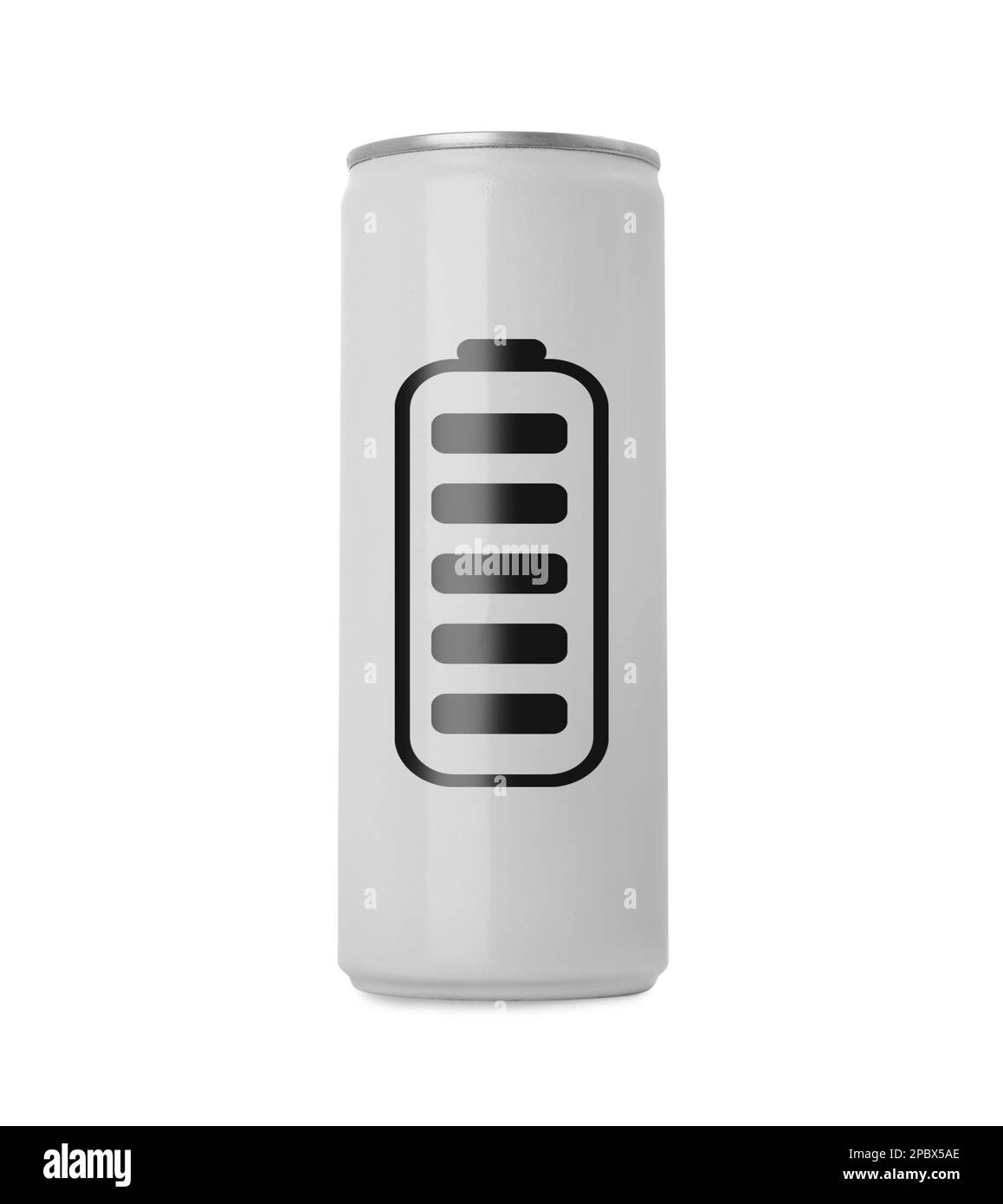 Can of energy drink with picture of fully charged battery on white ...