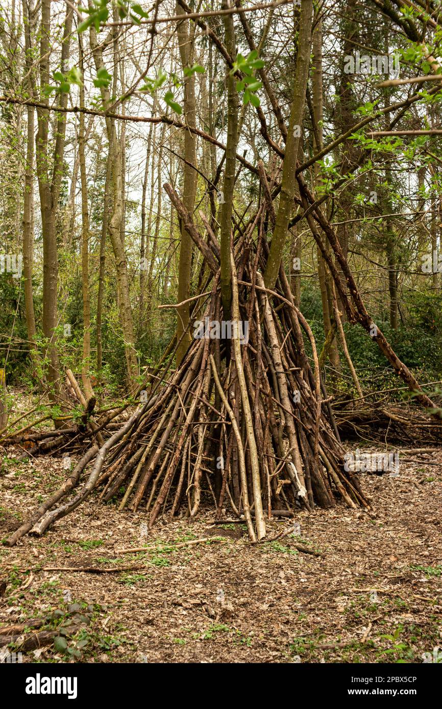 Playhouse made of twigs and sticks in a forest. Adventure hut in nature ...