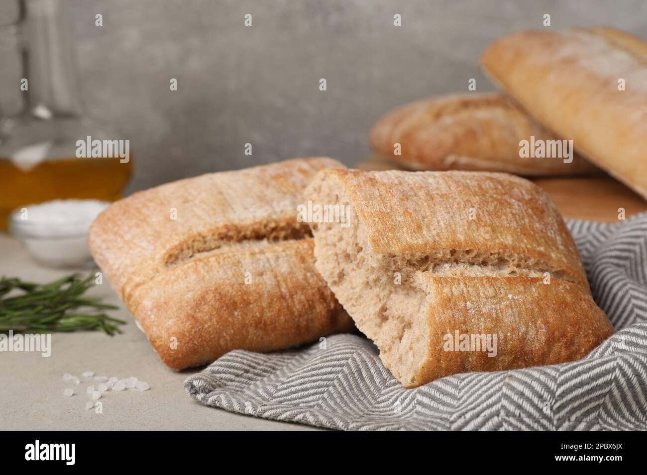Fresh crispy ciabatta on grey table, closeup Stock Photo - Alamy