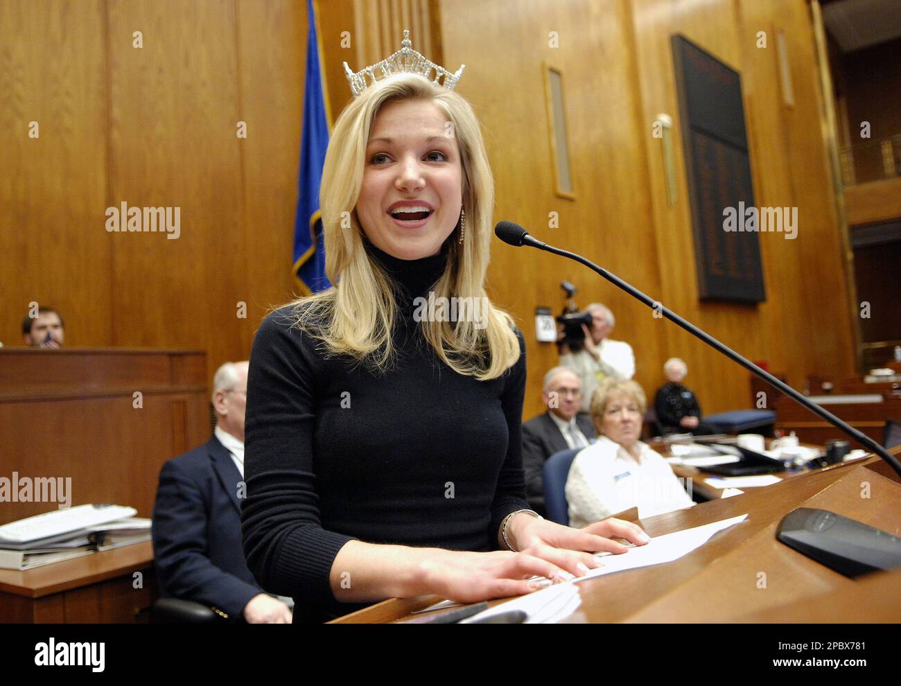 Miss North Dakota, Annette Olson, addresses House members in Bismarck ...