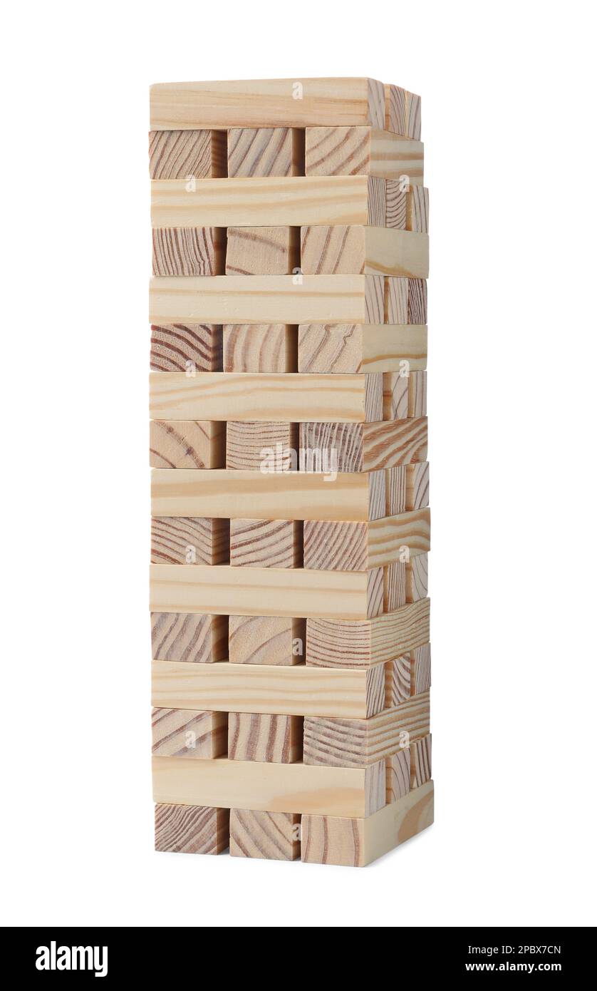 Jenga tower made of wooden blocks on white background Stock Photo - Alamy