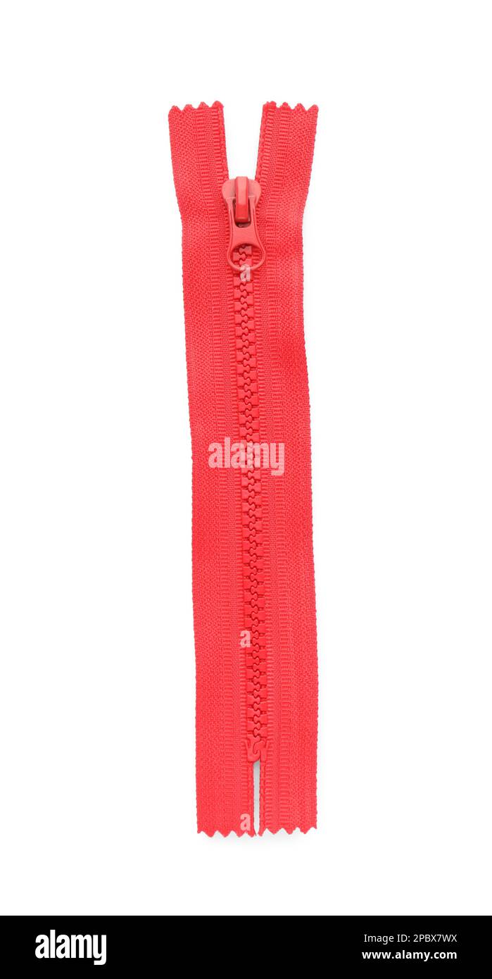 Red zipper isolated on white, top view Stock Photo - Alamy