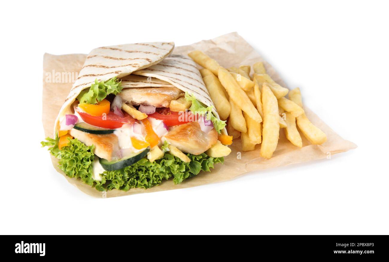 Delicious chicken shawarma and French fries on white background Stock ...