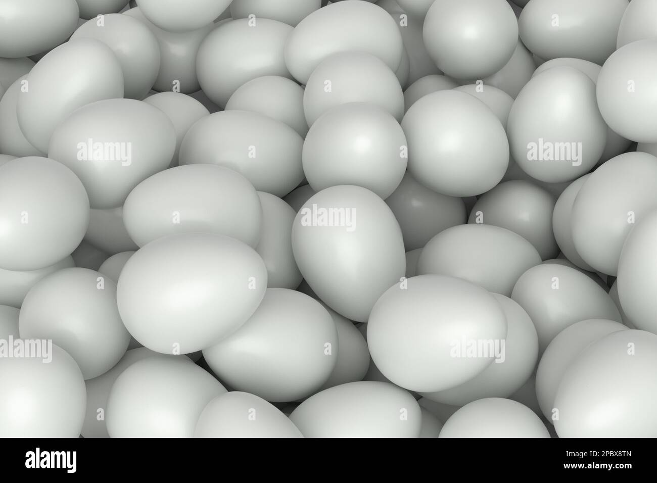 Many farm raw organic white chicken eggs background. 3d render of Easter concept or organic farm ...