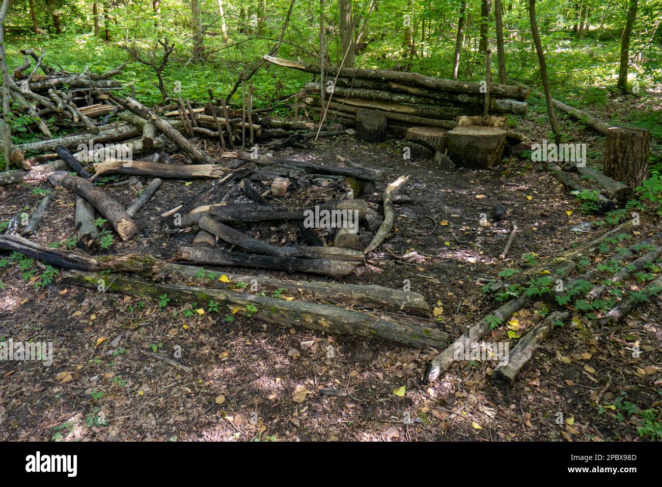 Empty picnic spot in a forest in Europe. Extinguished fire place with ...