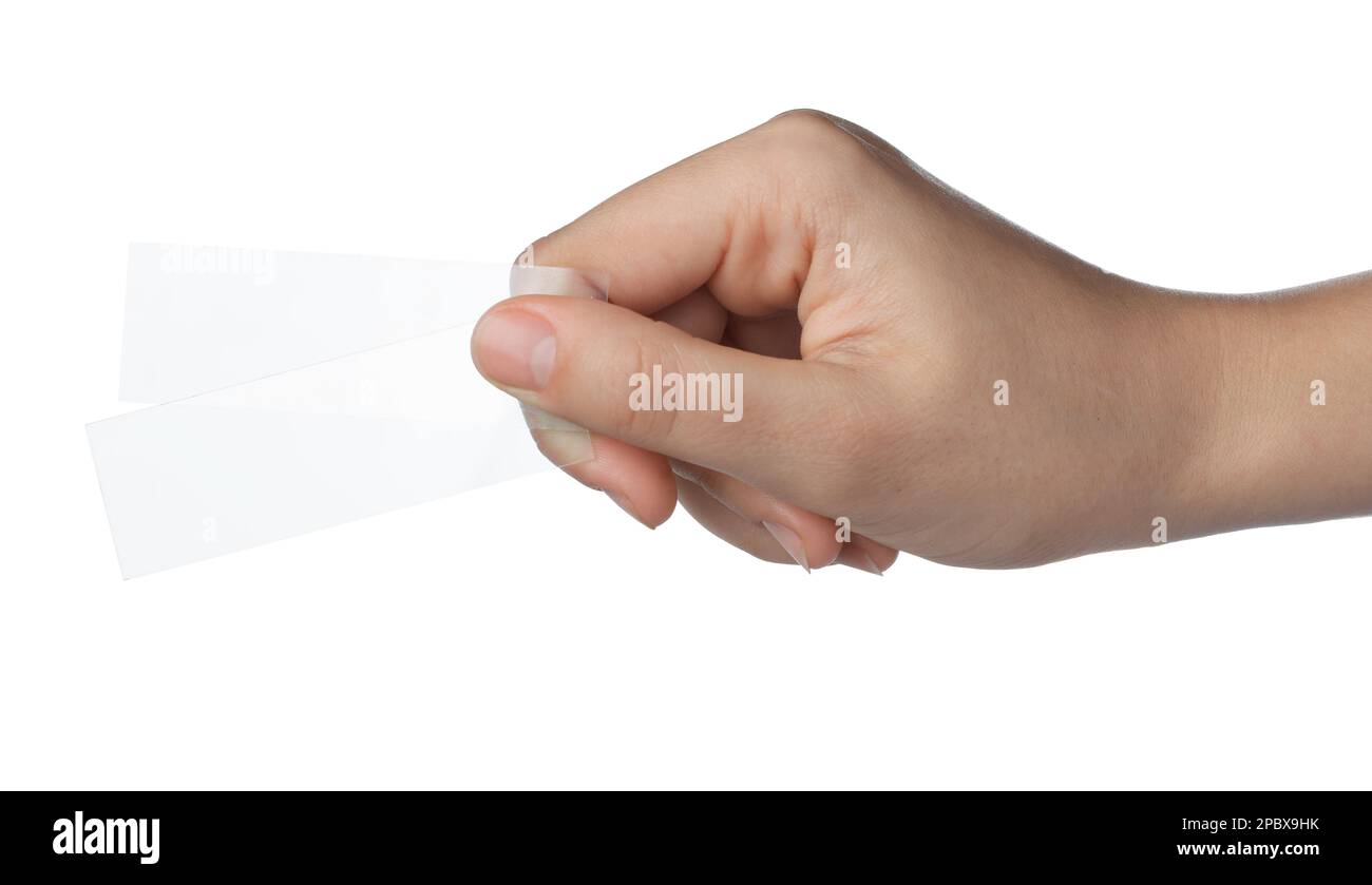 Woman holding clean microscope slide on white background, closeup Stock ...