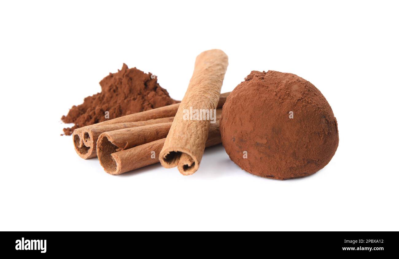 Delicious chocolate truffle with cocoa powder and cinnamon sticks on ...