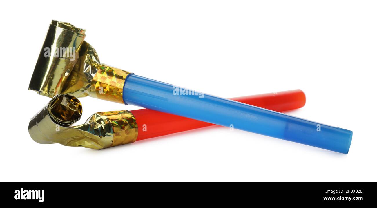 Bright party blowers on white background. Festive items Stock Photo - Alamy